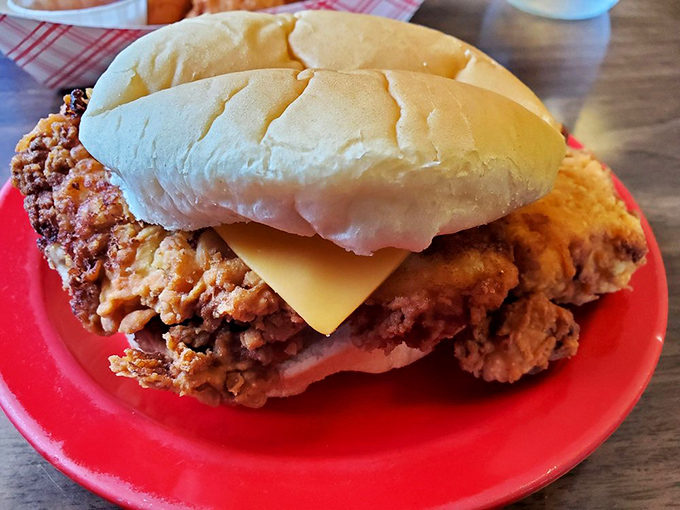 Holy schnitzels, Batman! This pork tenderloin sandwich is so big, it's trying to escape the plate. Bring your appetite... and maybe a friend.