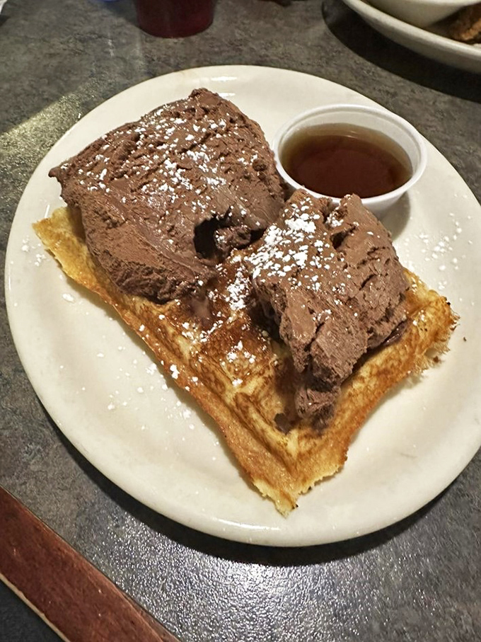 Chocolate lovers, rejoice! This waffle's not just wearing a hat—it's donning a crown fit for breakfast royalty.