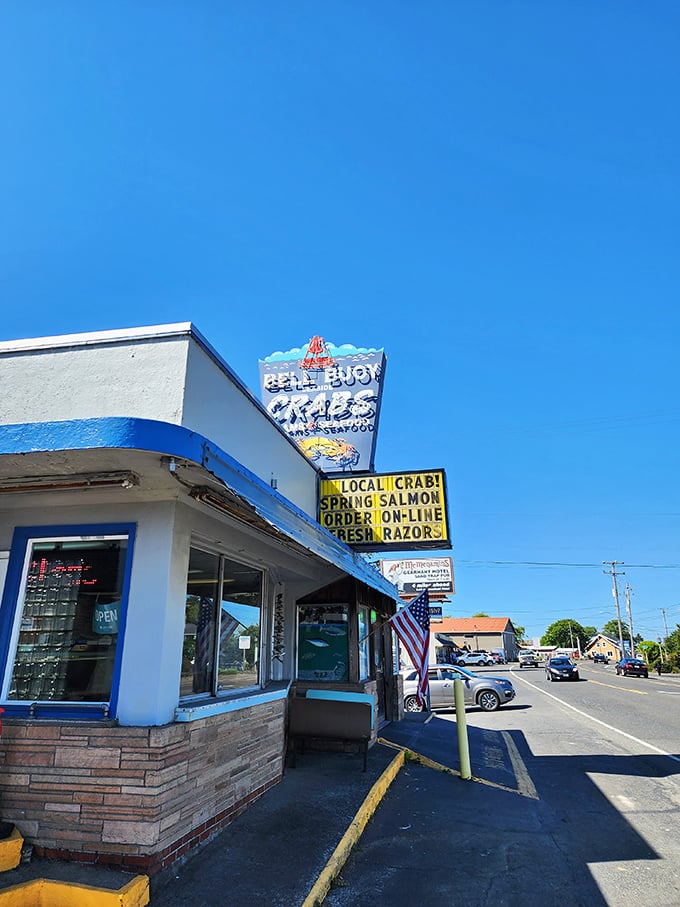Bell Buoy of Seaside: Where patriotism meets seafood passion. That flag's waving "come and get it!"