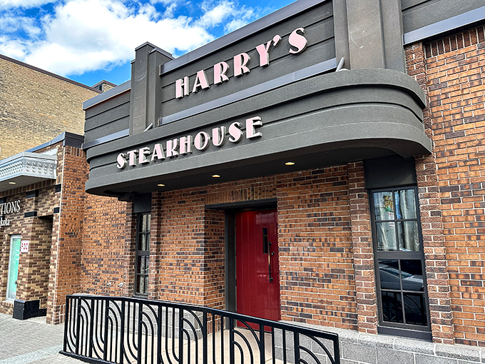 Harry's: Where film noir meets prime rib. Step into this moody exterior for a steak that'll light up your night.