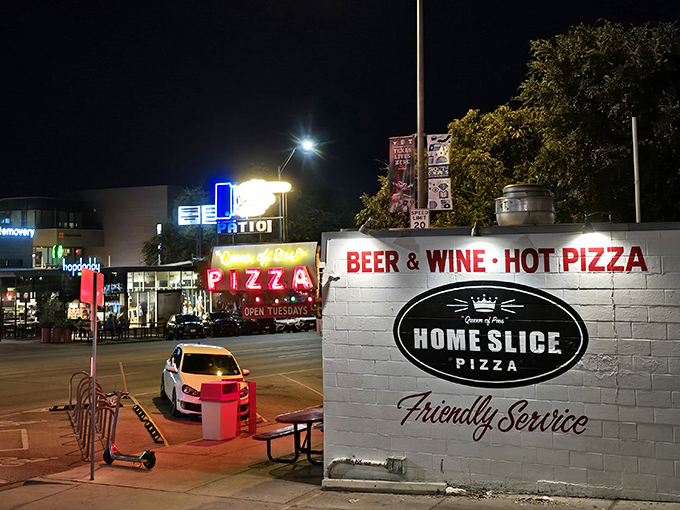 Home Slice: Where the pizzas are as big as Texas and twice as tasty. By day, family favorite; by night, college students' superhero.
