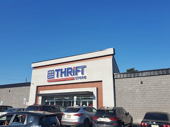Red, White & Blue: Where patriotism meets bargain hunting! This thrift store's facade is as American as apple pie and yard sales.