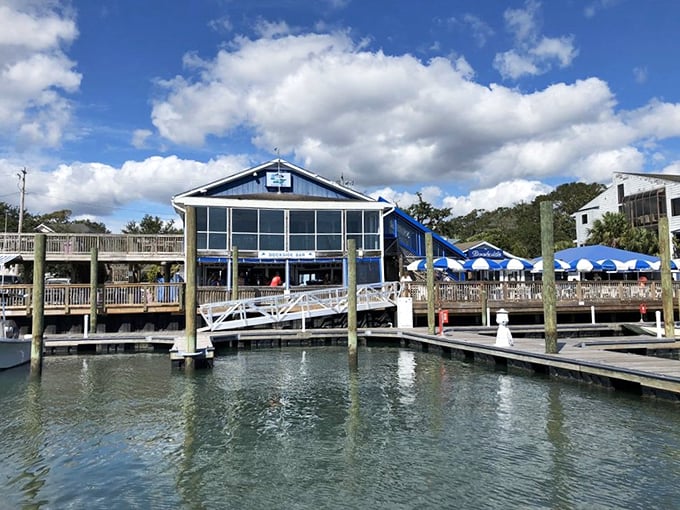 Blue and white facade, golden memories inside! Dockside Restaurant serves up laid-back vibes and seafood that'll make you want to become a pescatarian.
