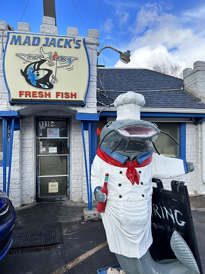 A fish chef statue with a bottle? Mad Jack's isn't just selling seafood; it's serving up a whole maritime comedy routine!