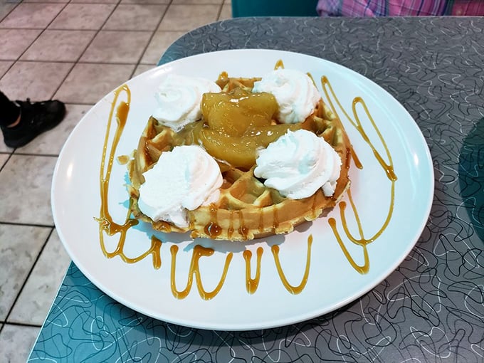 Cinnamon apple waffle: Autumn on a plate! It's like your grandmother's apple pie decided to crash breakfast, and we're not complaining.