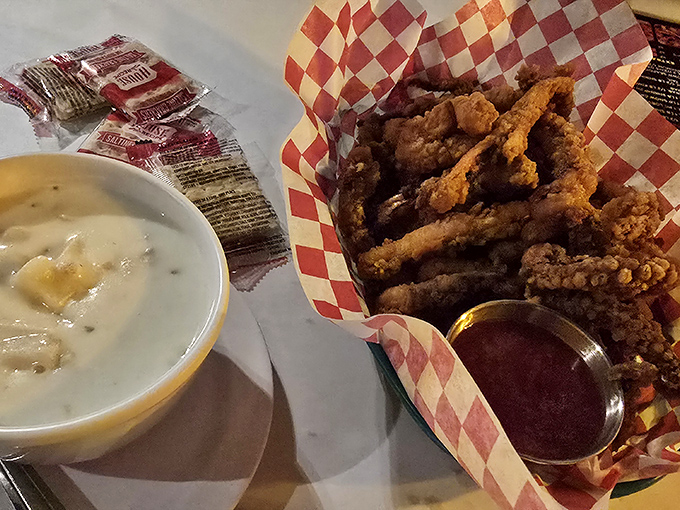 The dynamic duo of comfort food: clam chowder and crispy calamari. It's like the ocean and your deep-fryer had a delicious baby.