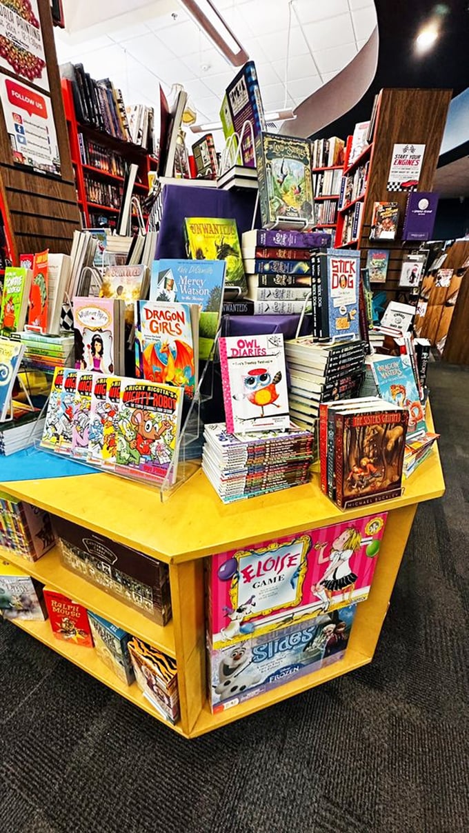 Kids' books galore! From "Dragon Girls" to "Owl Diaries," this colorful cornucopia of stories is a young reader's paradise. Watch out for paper cuts and imagination overload!