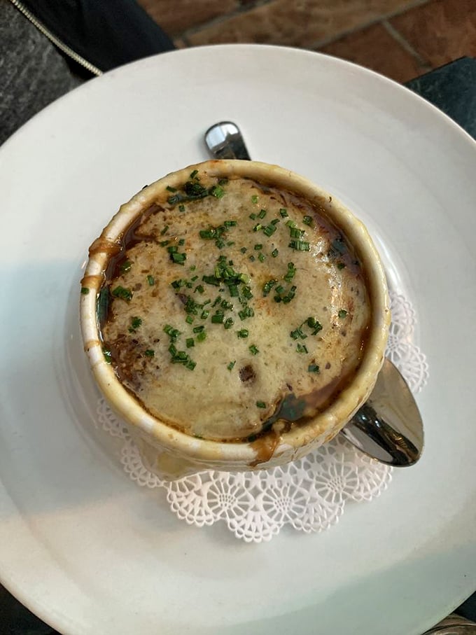 Cheese pull for the soul! This French onion soup gratin&eacute;e is like a warm hug for your taste buds, minus the awkward small talk.