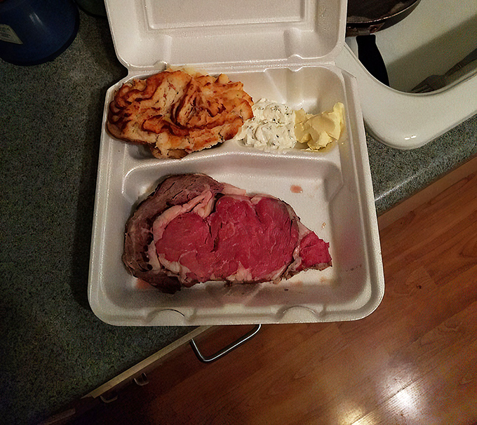 Even in a to-go container, Al's prime rib maintains its dignity and promises to make your kitchen table feel like fine dining.