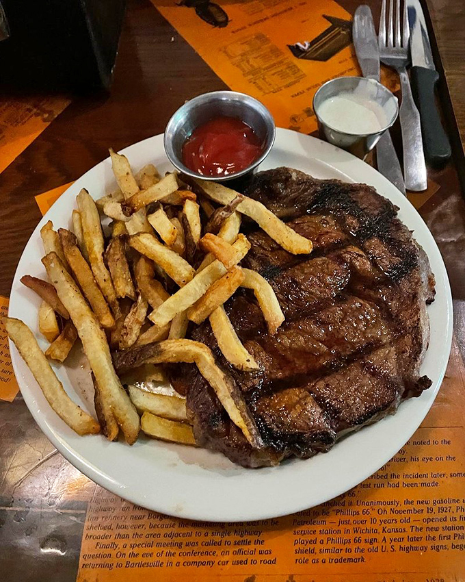 Fries and ribeye: the dynamic duo of comfort food. It's like Batman and Robin, if they were deliciously grilled and seasoned.