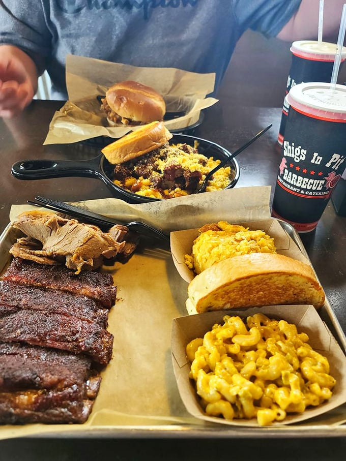 A spread that makes decision-making impossible: pulled pork sandwich, mac and cheese, ribs, and brisket&mdash;the Mount Rushmore of barbecue.