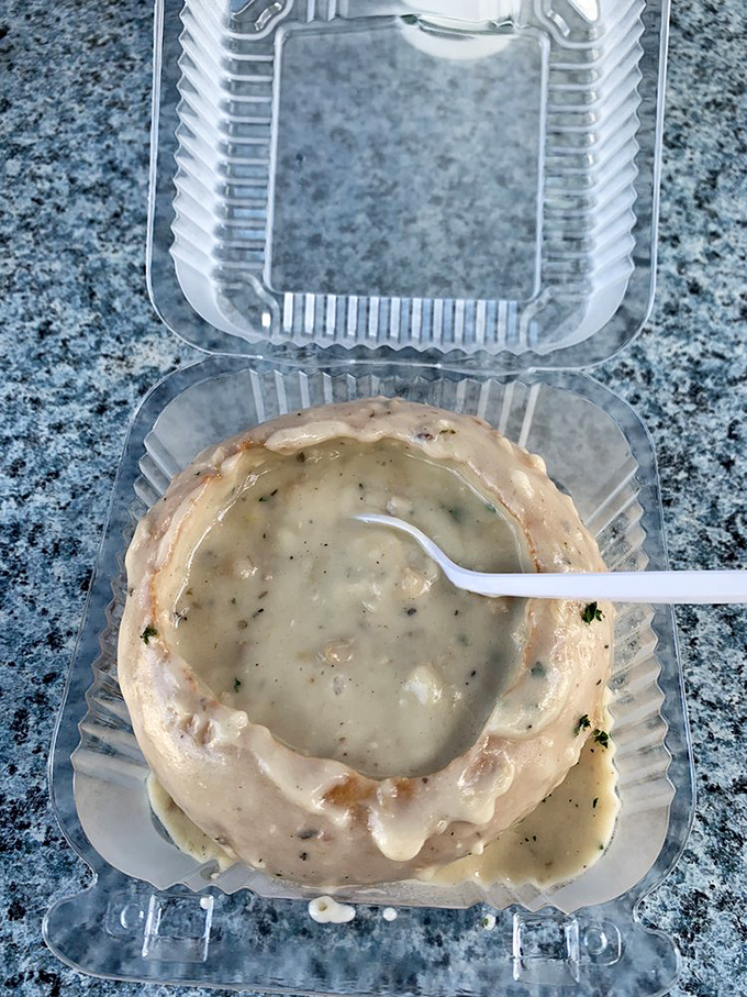 Bread and circuses? More like bread and chowder! This edible bowl is the ultimate "waste not, want not" delicacy.