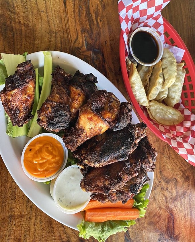 Smoky wings and potstickers: the dynamic duo you never knew you needed. It's like the Avengers of appetizers, here to save your hunger pangs.