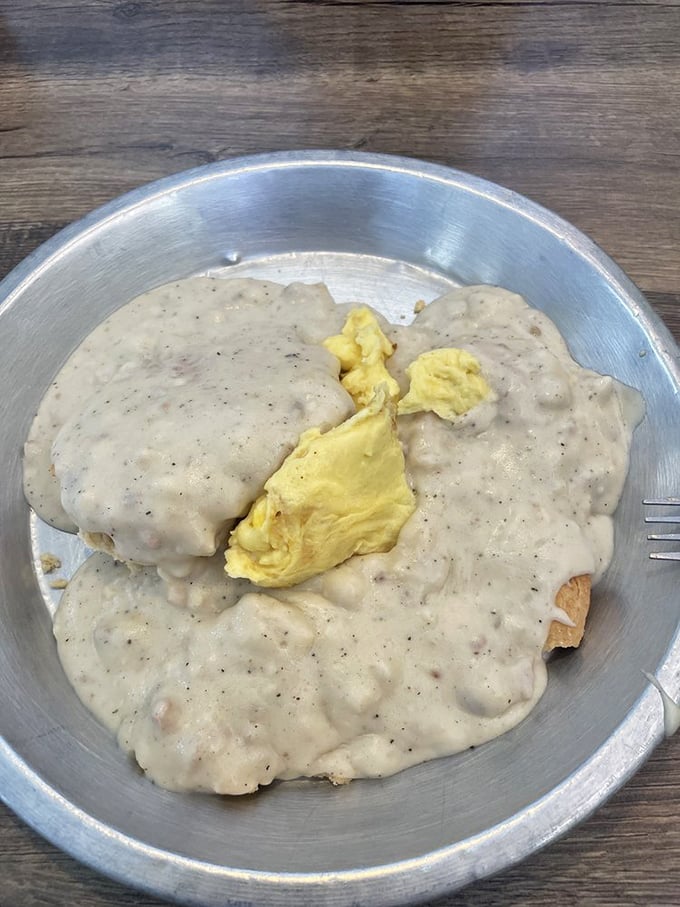 Half portions? More like half amazing! This biscuits and gravy with egg combo is proof that good things come in small packages.