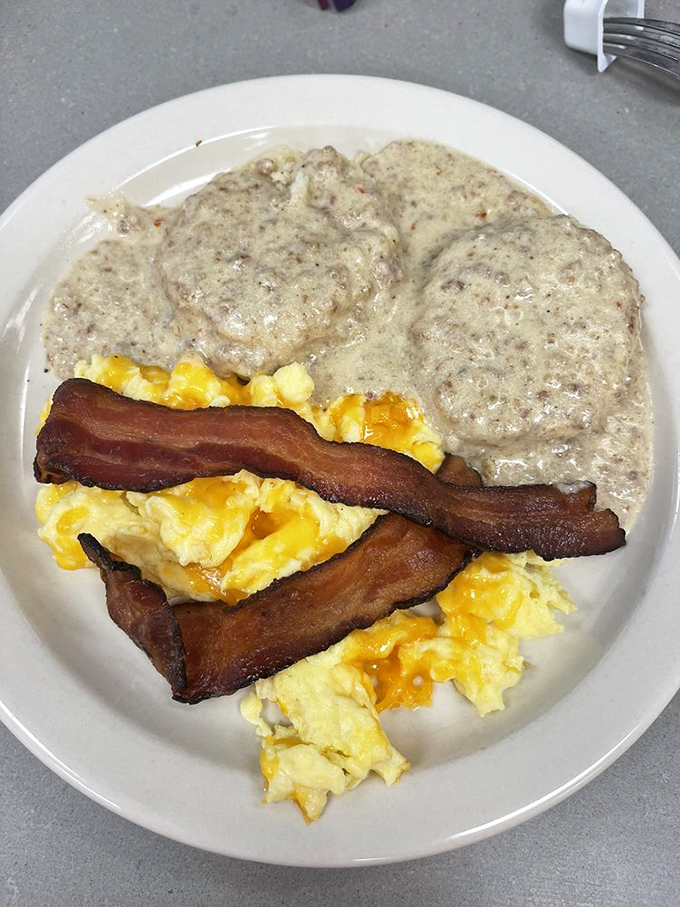 Biscuits and gravy: the South's answer to world peace. This plate could make even the grumpiest morning person break into a smile.