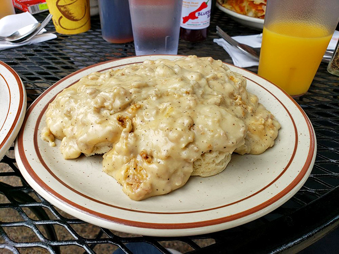 Creamy, dreamy, and oh-so-steamy! This close-up of biscuits and gravy is practically whispering, "Good morning, beautiful."