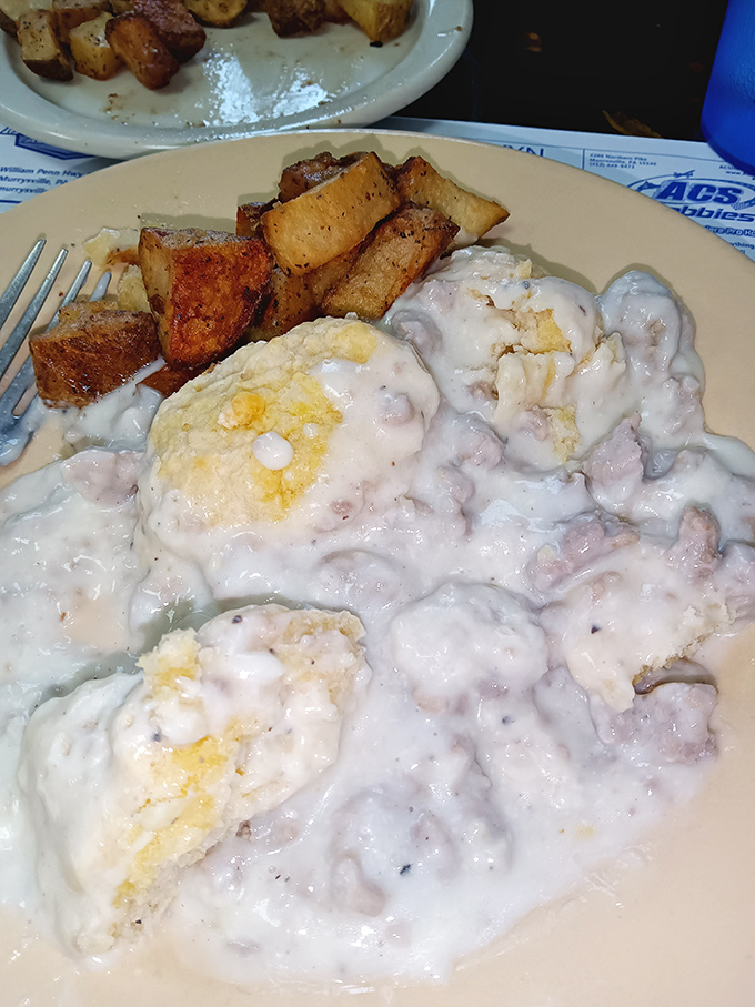 Home fries and gravy-smothered biscuits: A dynamic duo that puts Batman and Robin to shame. Breakfast of champions, indeed!