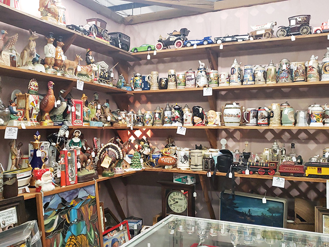 Ceramic heaven or tchotchke purgatory? This shelf is a testament to the enduring appeal of knick-knacks and the eternal question: "Where did I put that dusting cloth?"