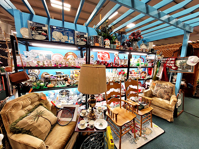 It's like your eccentric aunt's living room exploded in the best way possible. From kitschy lamps to cozy chairs, this display is a retro-lover's dream.