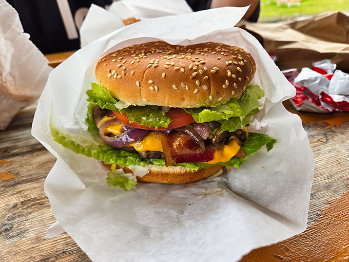 Cheese Louise! This burger's got more layers than a Shakespeare play, and twice the drama in flavor.