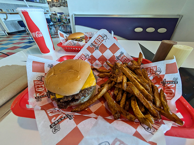 "The dynamic duo: A cheeseburger that means business and fries that are crispy enough to make Mr. Potato Head jealous."