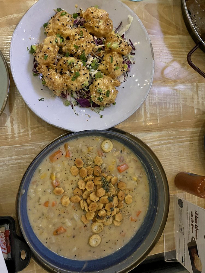 Double trouble never looked so delicious. Clam chowder and Chitty Chitty Shrimp: a dynamic duo that puts Batman and Robin to shame.