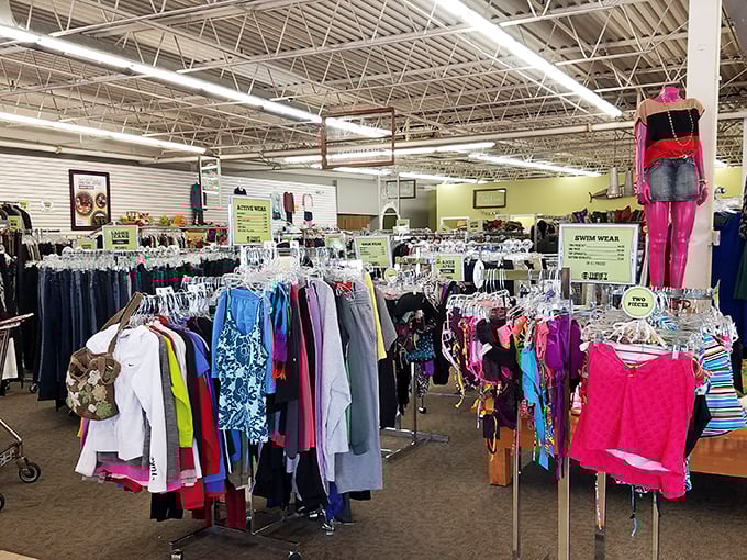 A rainbow of retail therapy awaits! Dive into this sea of styles and emerge with a wardrobe worthy of a thrift store fashionista.