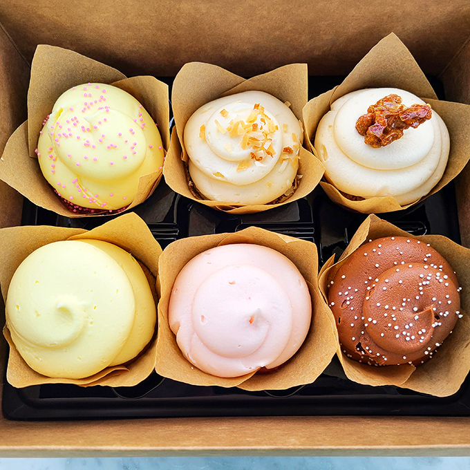 A rainbow of sweetness! These cupcakes are like edible works of art &ndash; too pretty to eat, but far too delicious not to.