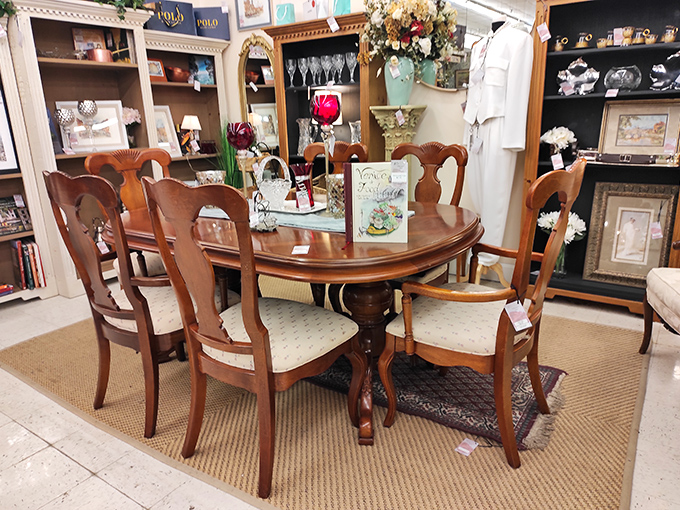 Dinner party, anyone? This elegant dining set whispers tales of family gatherings and lively discussions from an era when phones stayed on the wall.