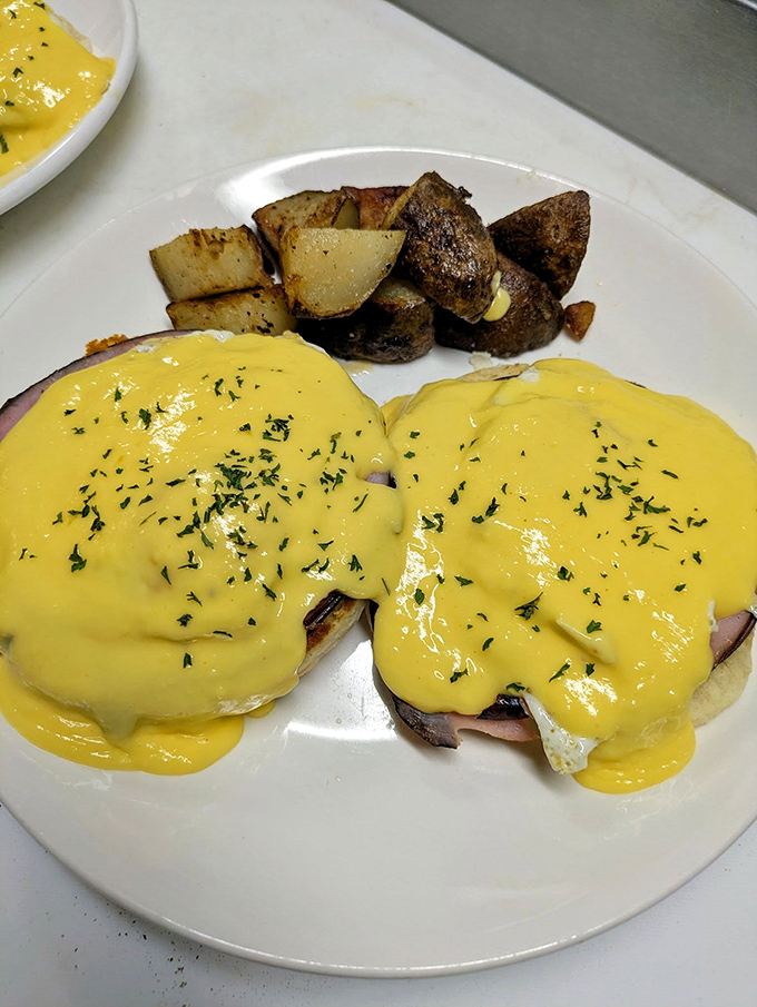 Eggs Benedict with hollandaise so golden it deserves its own Fort Knox, served with home fries that achieve that mythical crispy-outside, tender-inside perfection.