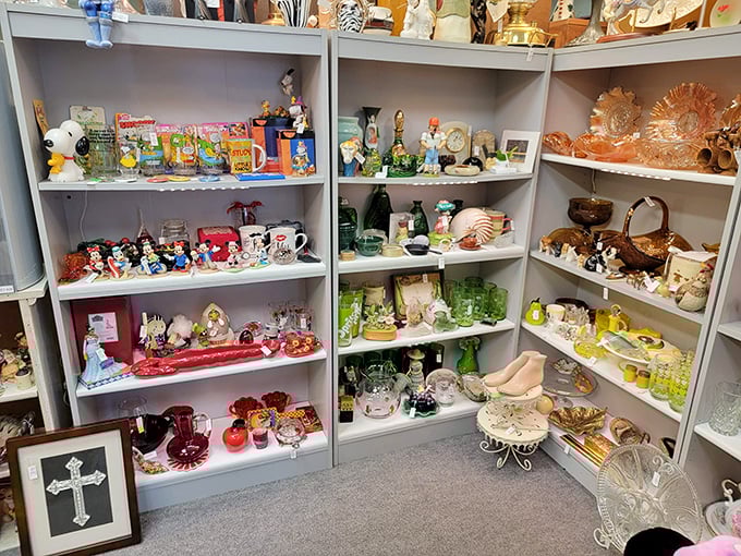 A miniature menagerie of memories! From kitschy knick-knacks to elegant glassware, this shelf is a time capsule of American pop culture.