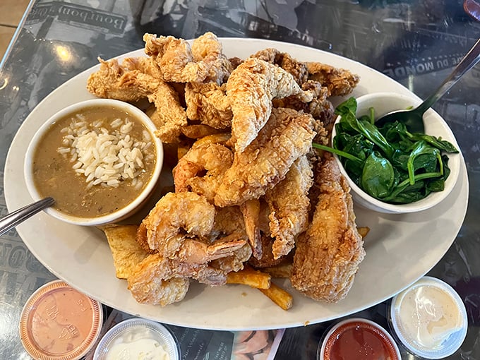 Crispy, golden, and utterly irresistible. This fried seafood platter is like a greatest hits album for your mouth – every bite's a chart-topper!