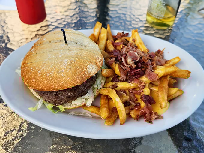 The Gorgon Burger and Bacon Cheese Fries: a combo so good, it'll turn you to stone... with satisfaction.