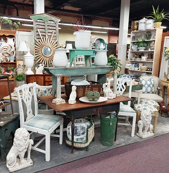 It's a mismatched tea party and everyone's invited! From dainty teacups to sturdy crockery, this display is serving up charm with a side of whimsy.