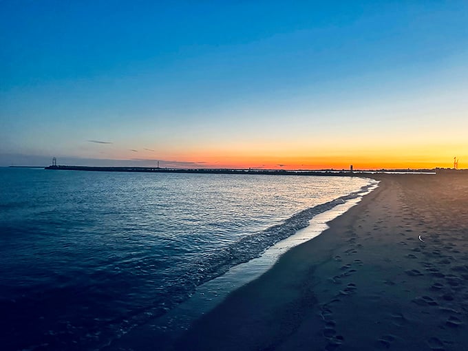 The perfect canvas of sand, sea, and sky creates Lewes's version of meditation. Footprints tell stories of beachcombers seeking their own slice of tranquility.