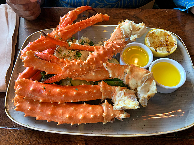 Behold the king of crustaceans! This plate of Alaskan king crab is so impressive, it might just start demanding tribute from lesser seafood dishes.