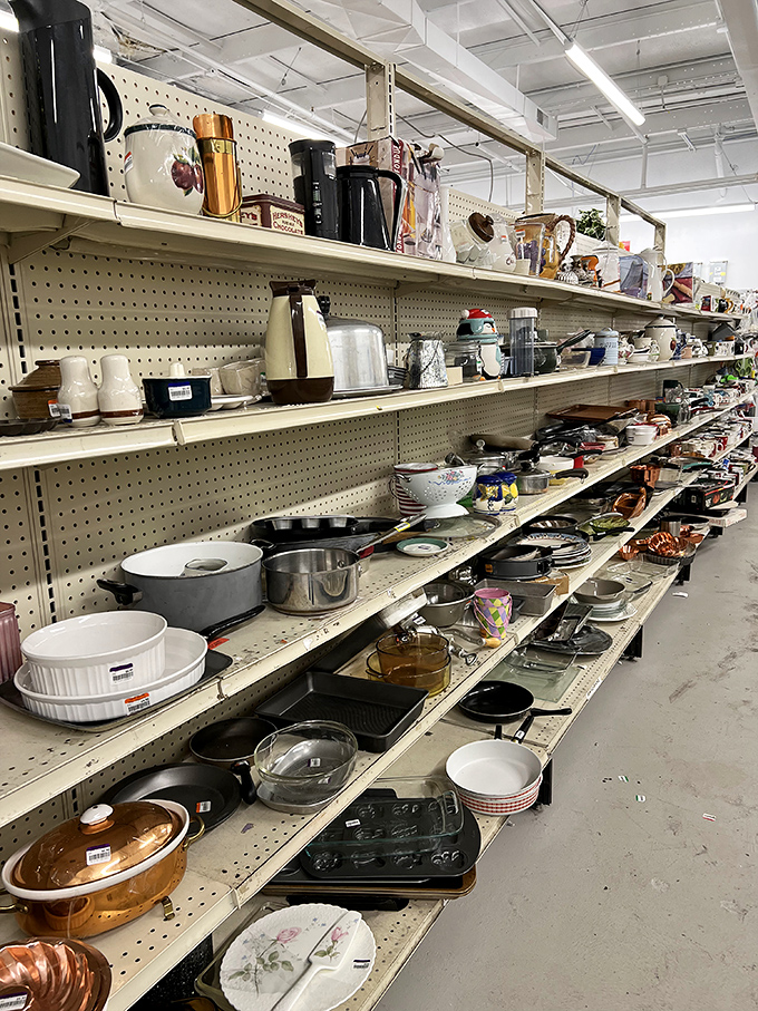 Pots, pans, and possibilities! This aisle is where culinary dreams and vintage kitchenware collide in spectacular fashion.