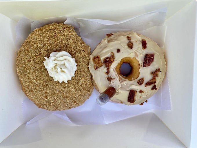 A tale of two donuts: one savory, one sweet. It's like breakfast and dessert had a delicious love child. Why choose when you can have both?
