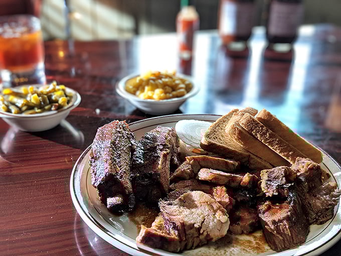 A barbecue plate that doesn't need fancy garnishes&mdash;just meat, bread, and the promise that napkins are nearby. This is edible artwork, Kentucky-style.