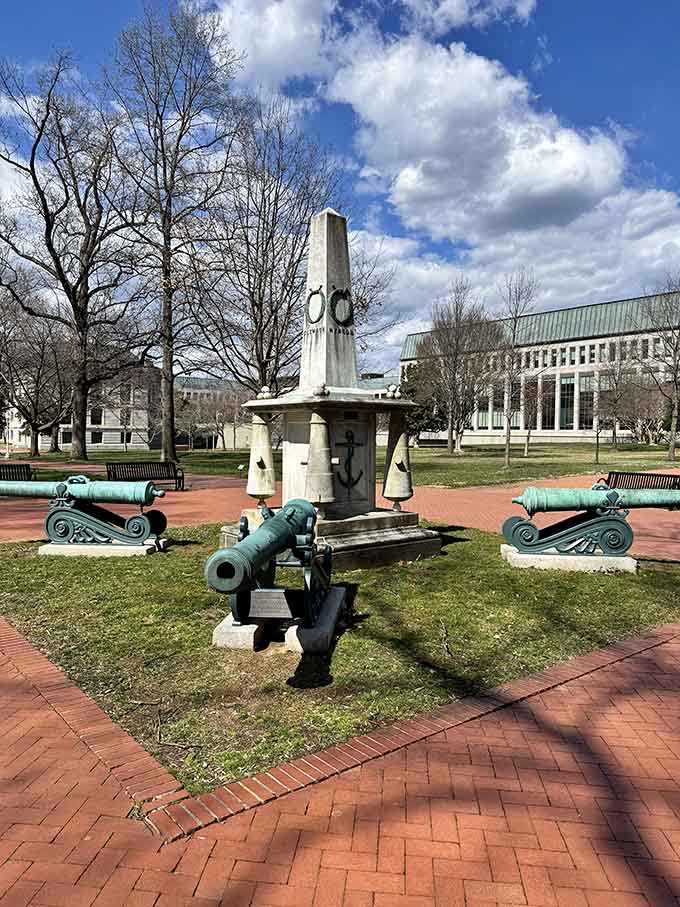 Anchors aweigh! Naval history stands at attention, flanked by cannons and curiosity. A monument to maritime moxie in the heart of Annapolis.