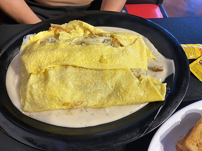This omelet is cheeseless, but certainly not flavorless. It's as golden as the dreams of a '49er and twice as satisfying.