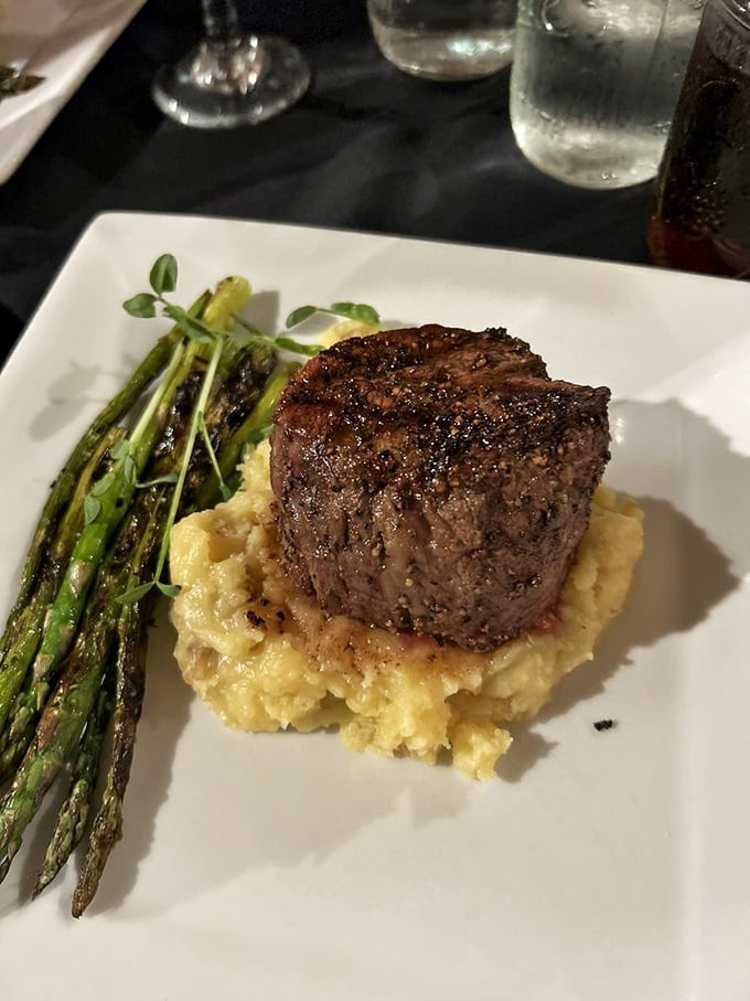 Tender doesn't begin to describe this Prime Fillet. It's so soft, you could probably cut it with a stern glance. Mashed potatoes and asparagus play worthy supporting roles.