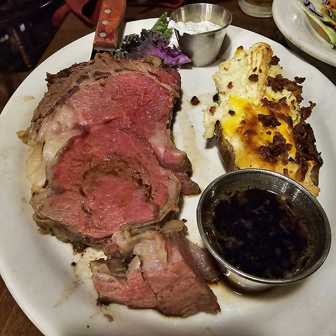 Perfection on a plate! This prime rib is so perfectly cooked, it could make a vegetarian question their life choices. Just look at that juicy, pink center!