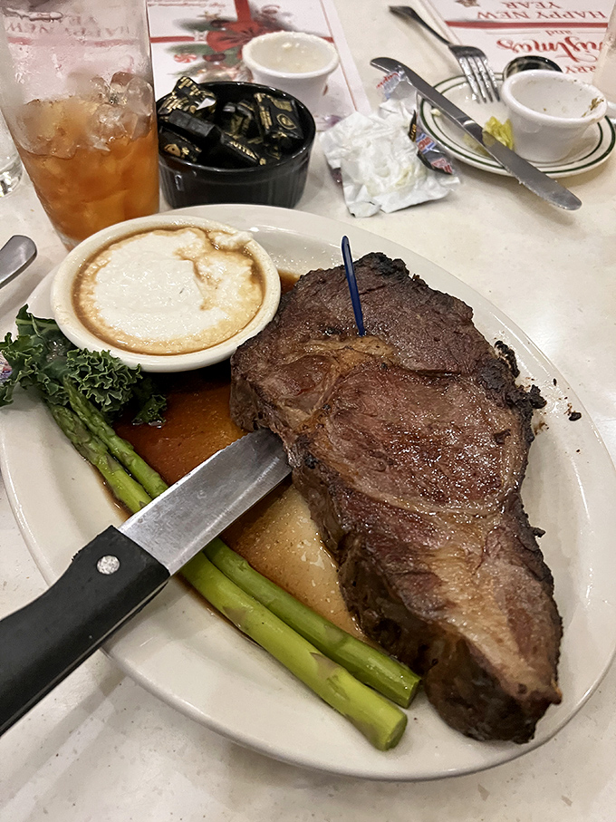 Behold, the crown jewel of carnivores! This prime rib is so perfectly cooked, it might just bring a tear to your eye (and your taste buds).