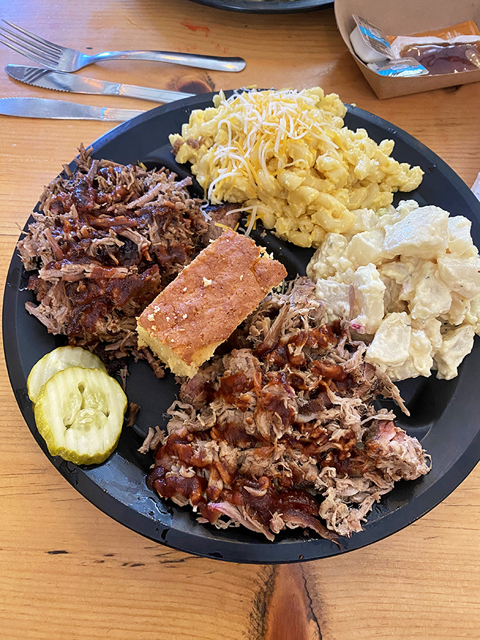 The barbecue equivalent of a greatest hits album. Pulled pork shares the spotlight with mac and cheese, potato salad, and cornbread in perfect harmony.