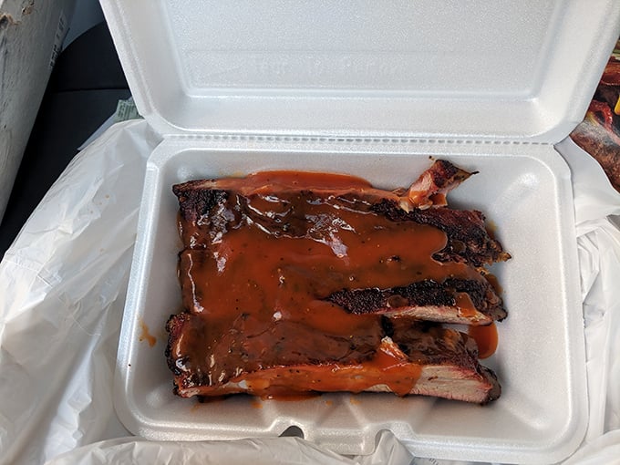 Sauce boss alert! These ribs are swimming in a pool of tangy, sweet goodness. It's like a flavor jacuzzi for your taste buds.