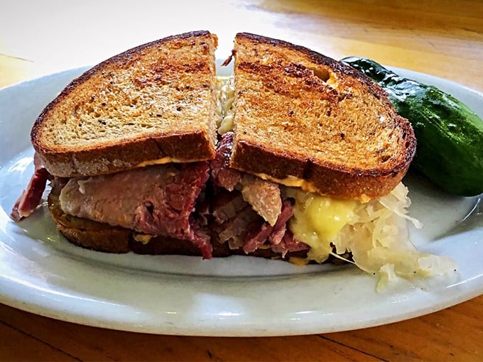Pastrami perfection! This close-up could make a vegetarian question their life choices.