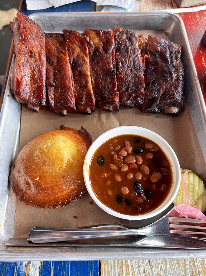A feast fit for a king... or just a really hungry Minnesotan. Ribs, beans, and cornbread &ndash; the BBQ trifecta!