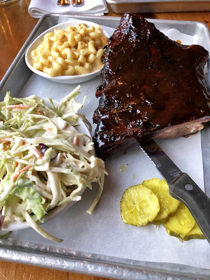 Spare ribs? More like "spare no flavor" ribs! These beauties are so tender, they practically fall off the bone if you look at them sideways. Flanked by mac and cheese that's pure comfort.