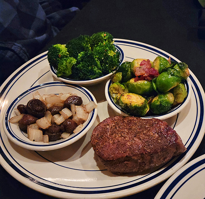 A plate that's more balanced than a yoga instructor's diet. Juicy steak, vibrant veggies, and a baked potato that's dressed to impress.